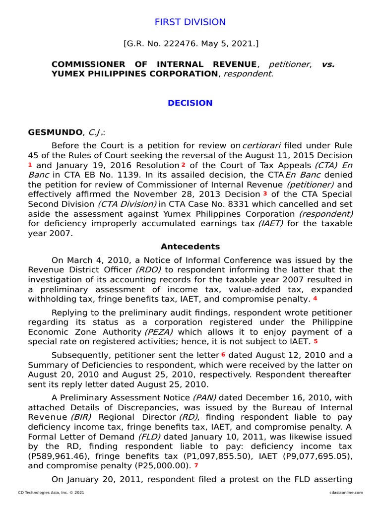 Tax Dispute: CIR vs. Yumex Philippines | PDF | Internal Revenue Service ...