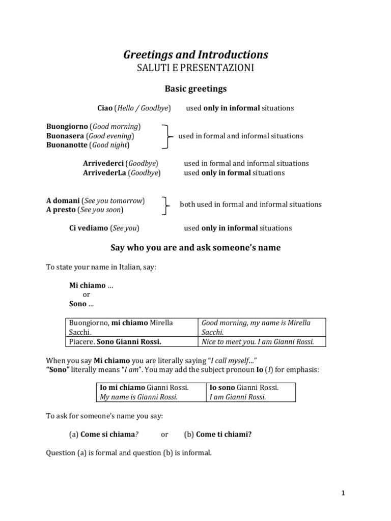 Greetings and Introductions in Italian | PDF | Vocabulary | Lexicology