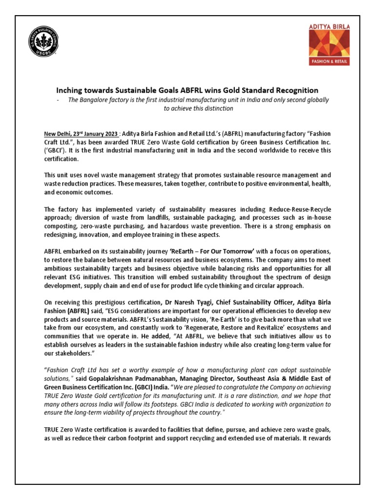 ABFRL's Gold Certification for Zero Waste | PDF | Sustainability ...