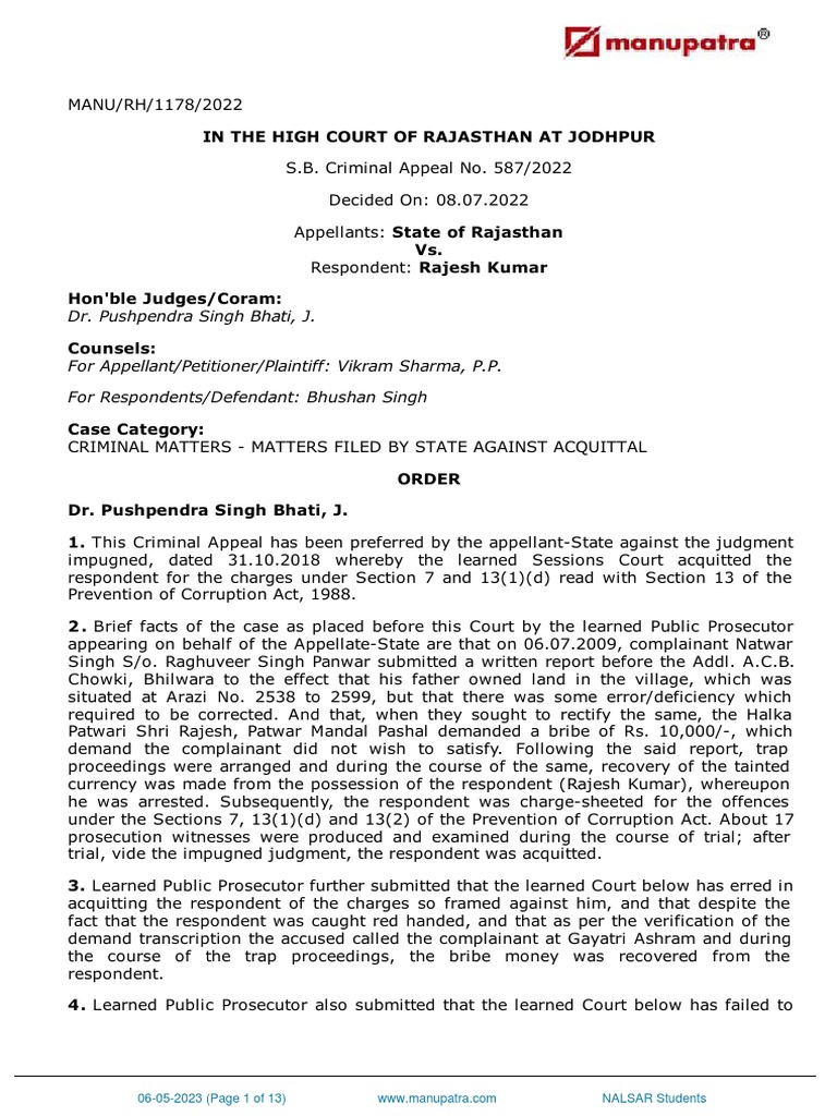 State of Rajasthan Vs Rajesh Kumar 08072022 RAJHCRH2022200722165331244COM767598 | PDF ...
