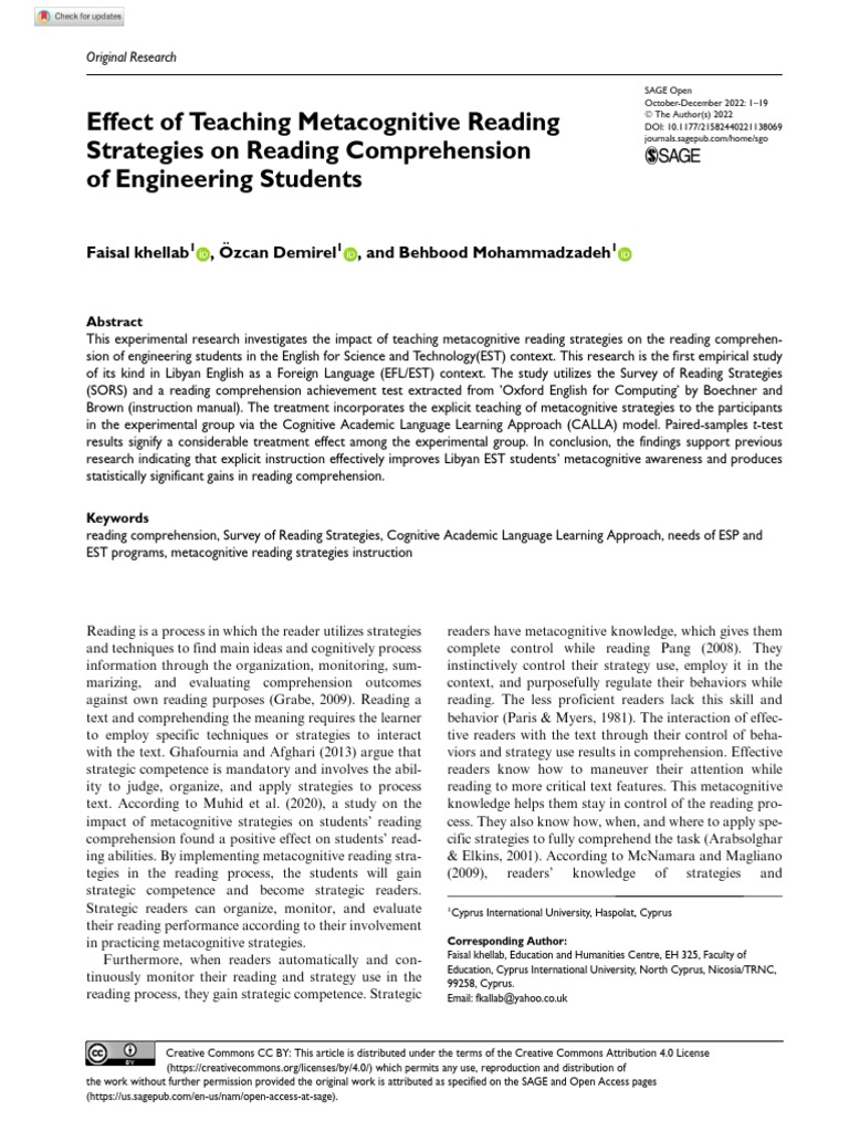 Teaching Metacognitive Reading Strategies Improves Engineering Students' Comprehension | PDF ...