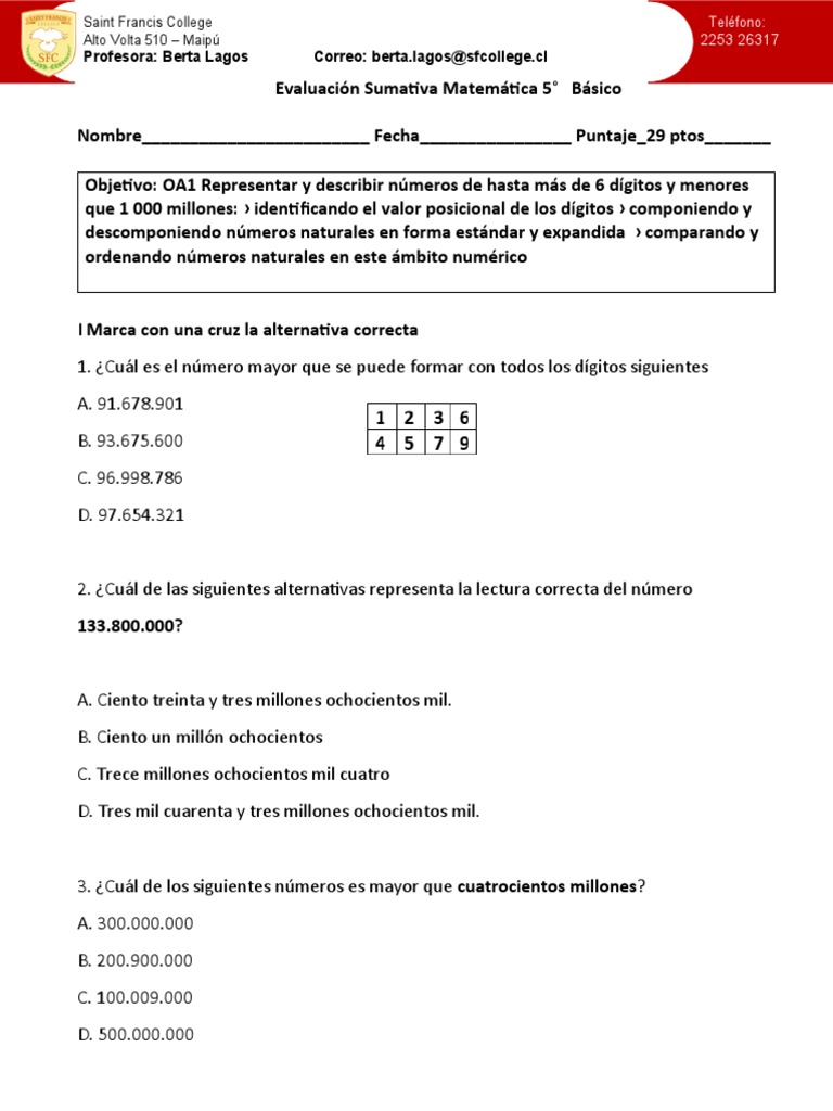 Prueba Sumativa 5 Basico | PDF | Notación Matemática | Matemáticas