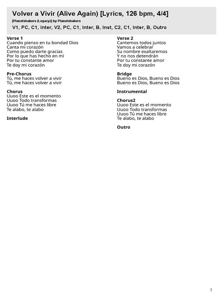 Volver A Vivir (Alive Again) - Lyrics | PDF