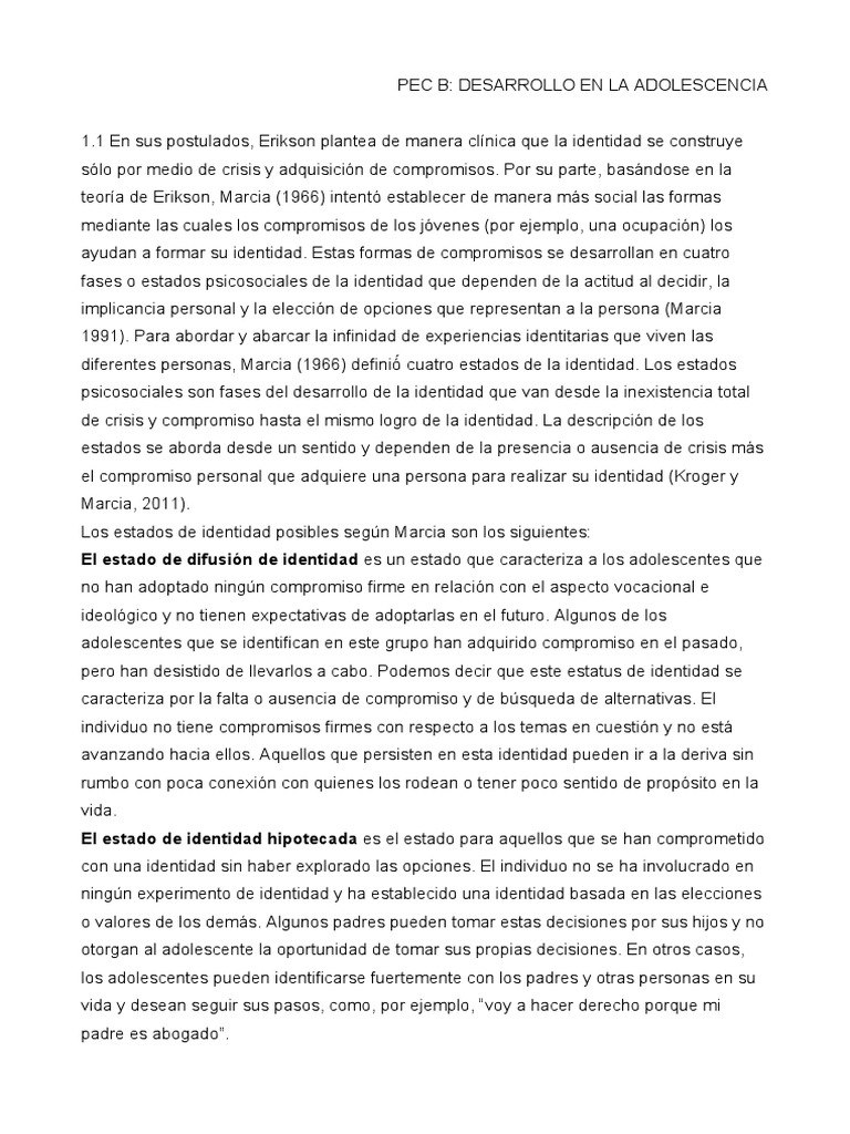 PEC B - Desarrollo en La Adolescencia | PDF