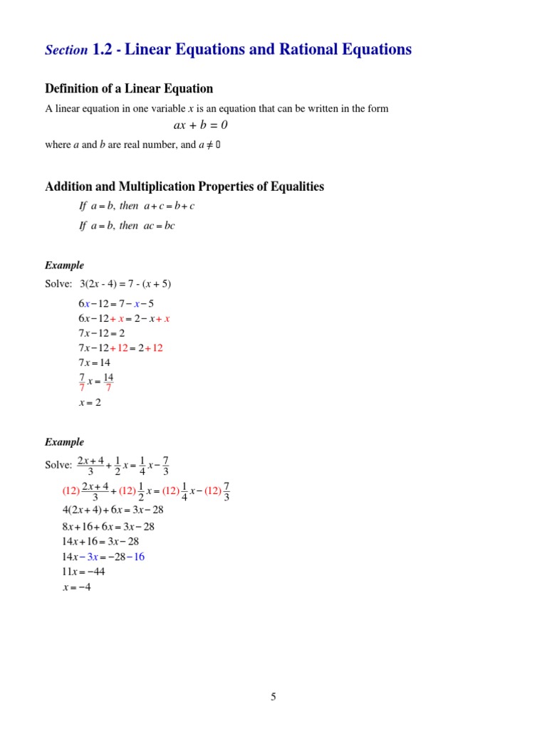 1.2 Linear Equations and Rational Equations: Section | PDF | Equations ...