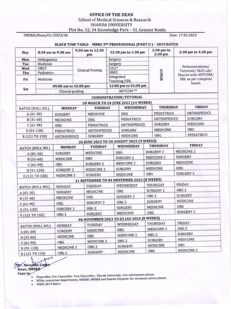 Block Time Table - Mbbs 3rd Professional (Part - II) - 2019 Batch | PDF | Medicine | Public Services