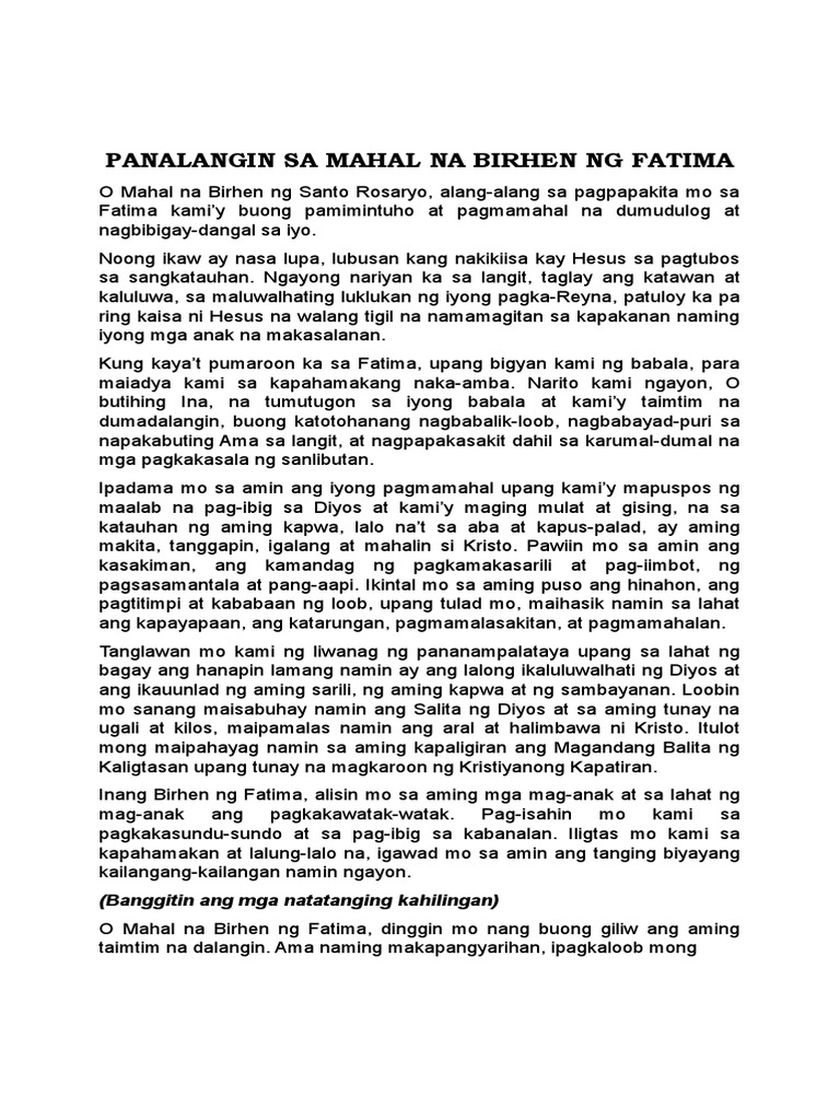 Panalangin Sa Mahal Na Birhen NG Fatima | PDF