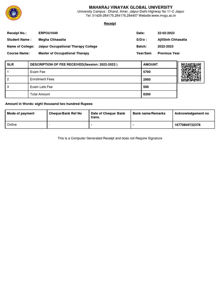 Student Fee Receipt 2023 | PDF