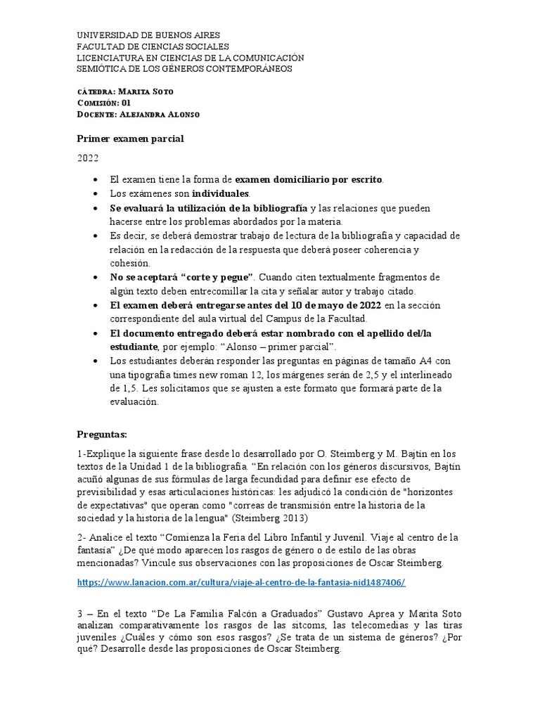 Examen Parcial 1C 2022 - Semiótica de Los Géneros Contemporáneos | PDF Examen Parcial 1C 2022 - Semiótica de Los Géneros Contemporáneos | PDF