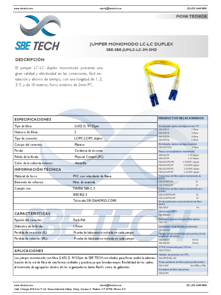 JUMPER - LC LC 3M SMD Ficha Técnica Español | PDF | Fibra óptica | Equipo de telecomunicaciones