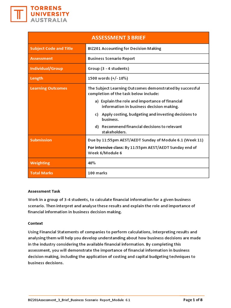 2203 BIZ201 Assessment 3 Brief | PDF | Net Present Value | Business ...