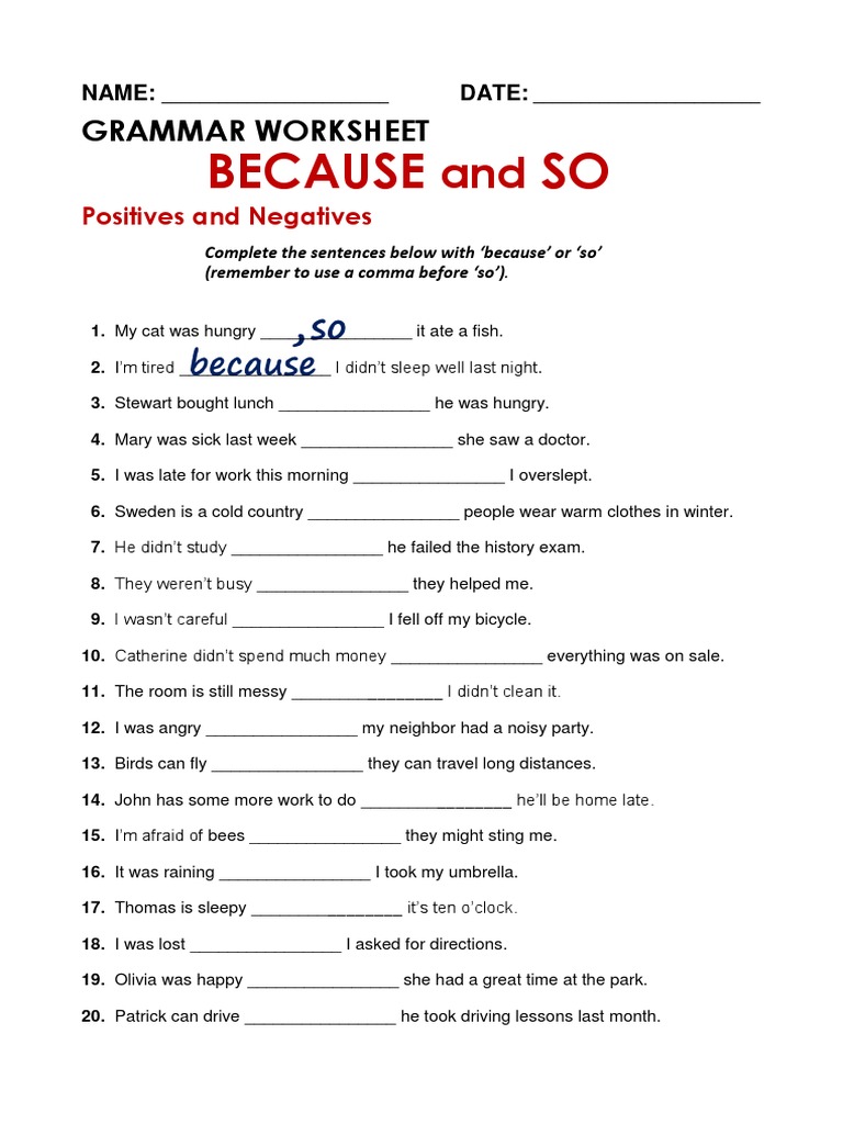 Because and So Worksheet | PDF