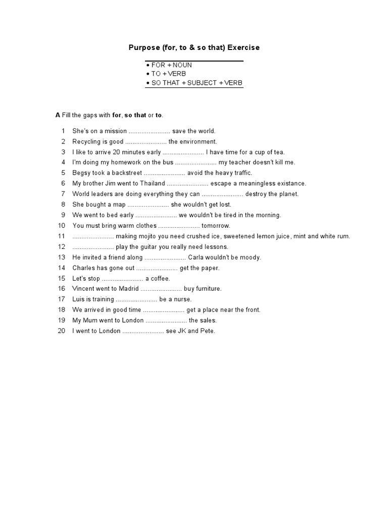 For, To and So That Worksheet | PDF