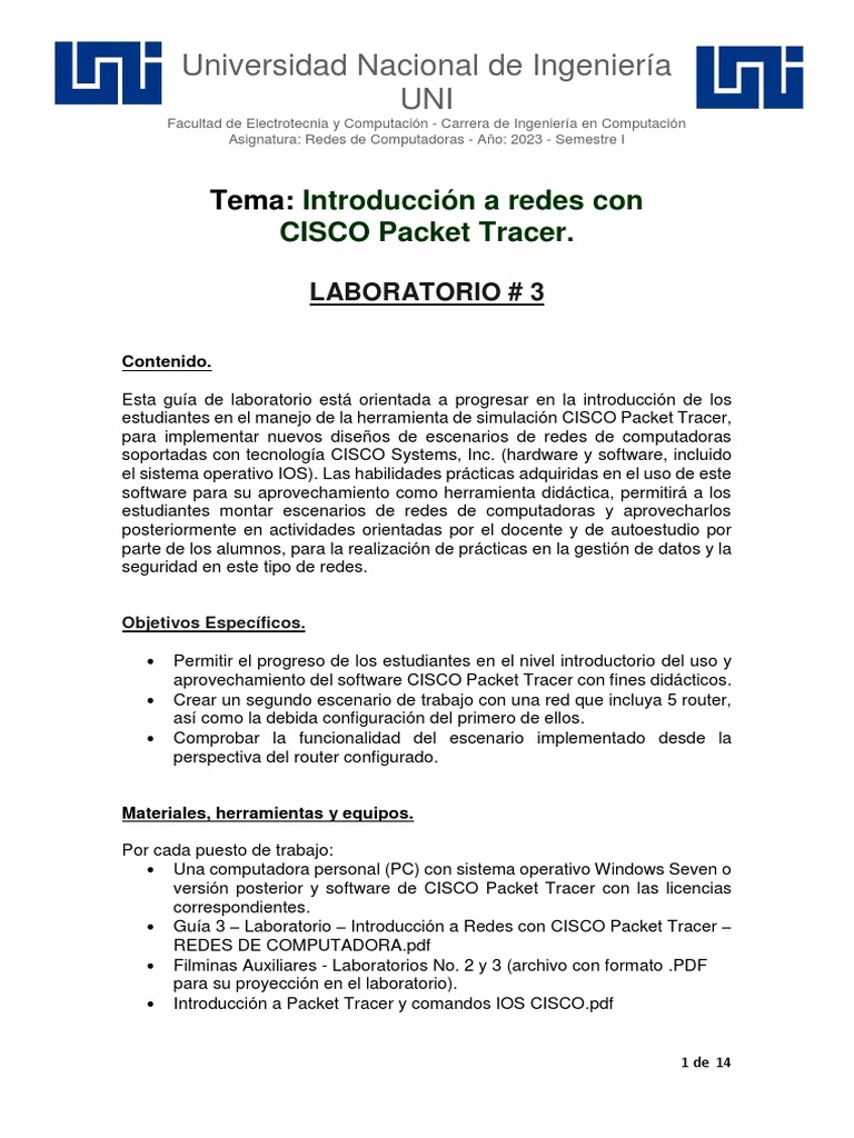 Guía 3 - Laboratorio - Introducción A Redes Con CISCO Packet Tracer - REDES DE COMPUTADORAS ...