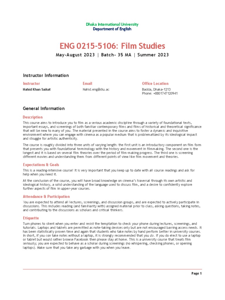 Introduction To Film Studies Course Syll | PDF | Psychoanalysis ...