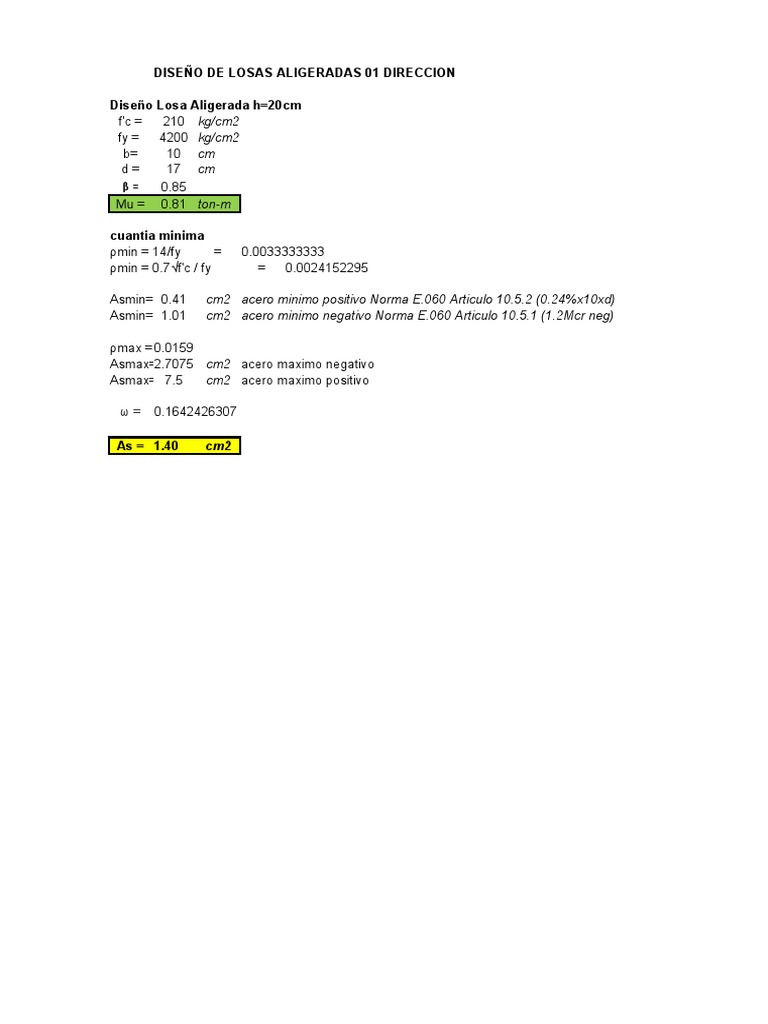 Diseño Losas Aligeradas Xlsx Pdf