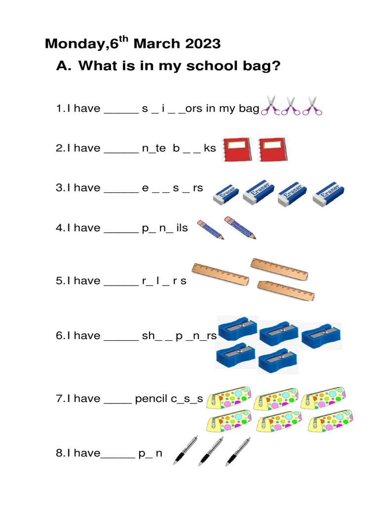 School Bag Worksheet Activities | PDF