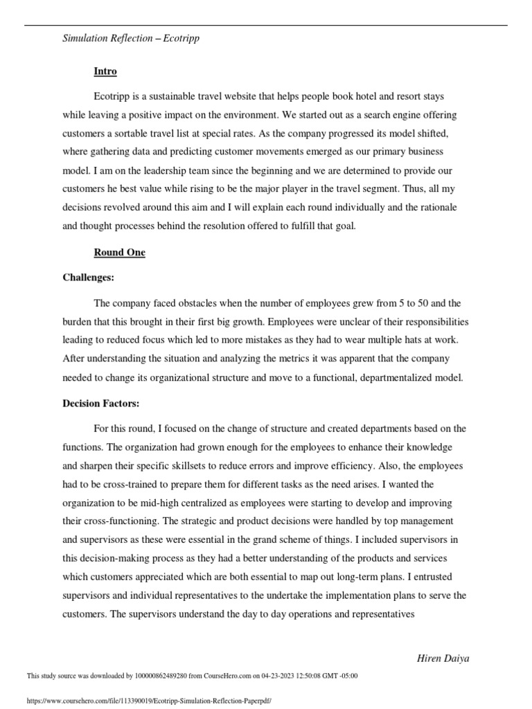 Ecotripp Simulation Reflection Paper PDF | Download Free PDF | Goal ...
