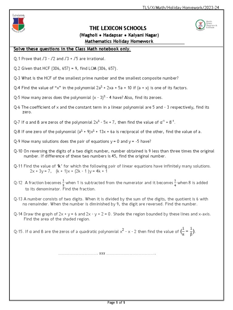 TLS - X - Maths - Holiday HW Worksheet - 2023-24 | PDF | Polynomial ... TLS - X - Maths - Holiday HW Worksheet - 2023-24 | PDF | Polynomial ...