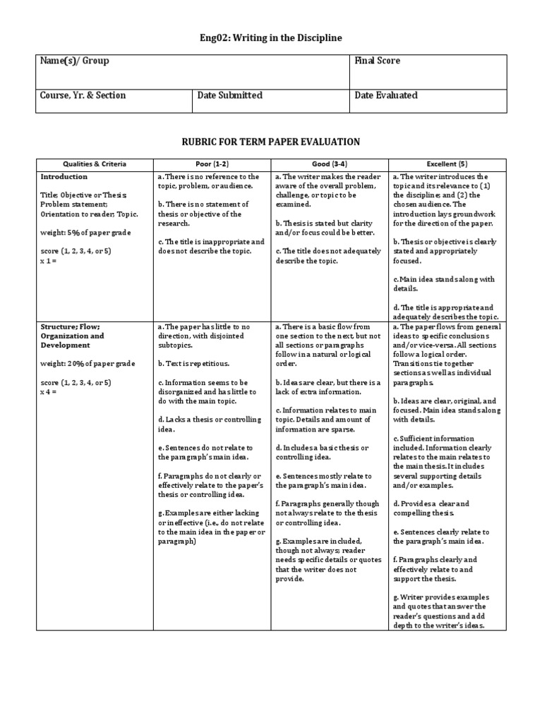 Term Paper Rubric | Rubric (Academic) | Citation
