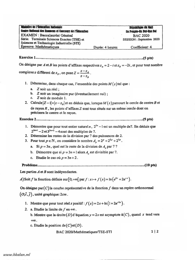 BAC TSE STI 2020 Maths | PDF
