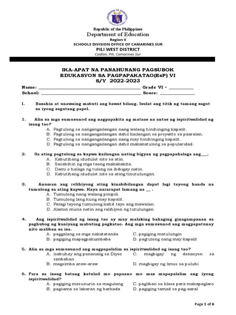 ESP 6 TQ 4th QUARTER - SMLLANES | PDF