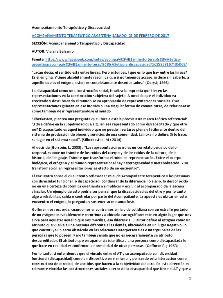 Acompanamiento Terapeutico y Discapacidad - Viviana Balsamo | PDF