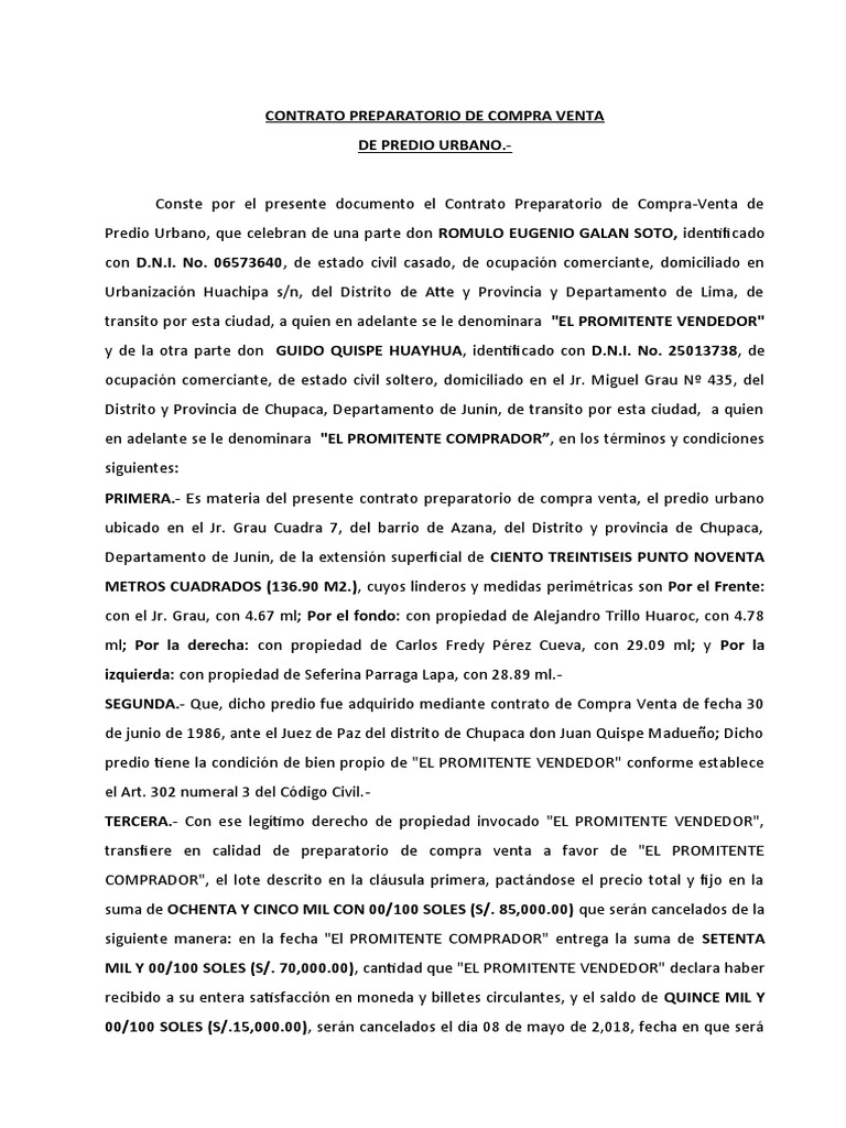 Contrato Preparatorio de Compra Venta | PDF | Propiedad | Derecho privado