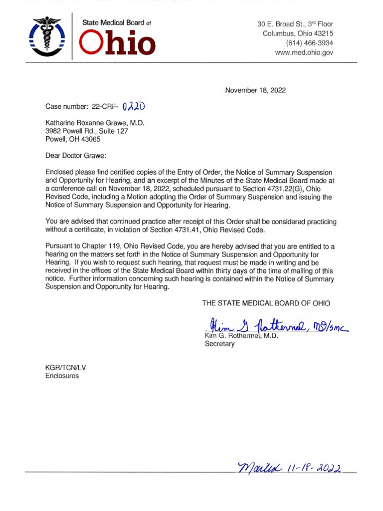 Hearing Notice for Dr. Katharine Grawe | PDF