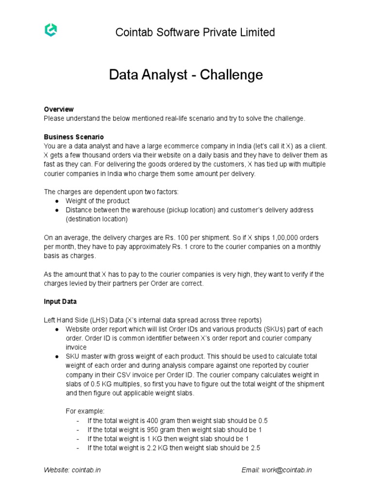 Cointab Data Analyst - Challenge | PDF | Courier | Information Technology