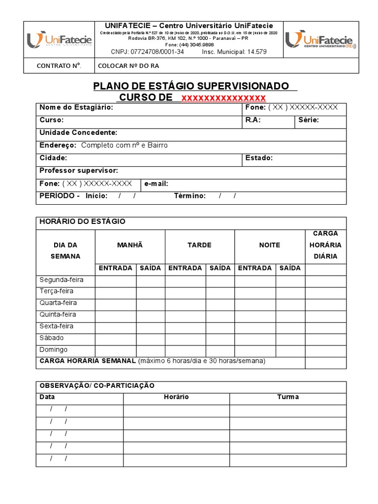Plano de Estágio Supervisionado UNIFATECIE | PDF