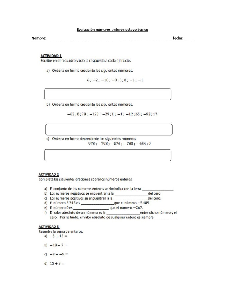 Evaluación Números Enteros Octavo Básico | PDF