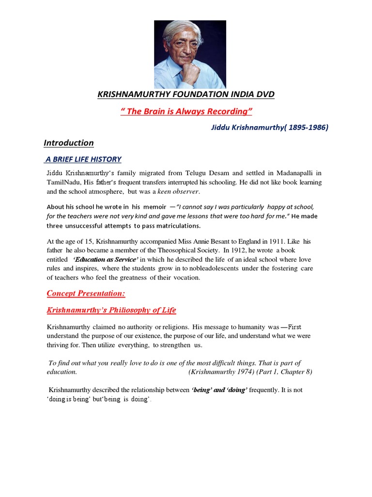 KRISHNAMURTHY FOUNDATION INDIA DVD Minakshi Maam | PDF | Mind | Experience