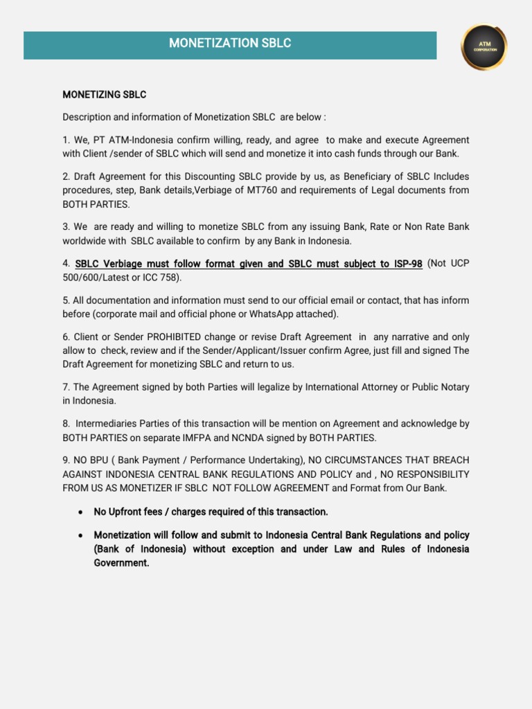 Atm Corp Monetization SBLC Procedures-Updated July 2022 | PDF | Letter ...