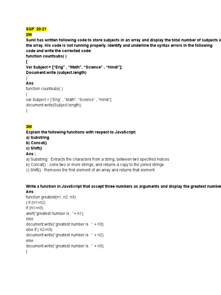 Javascript Borad Paper Questions | Download Free PDF | Java Script | String (Computer Science)
