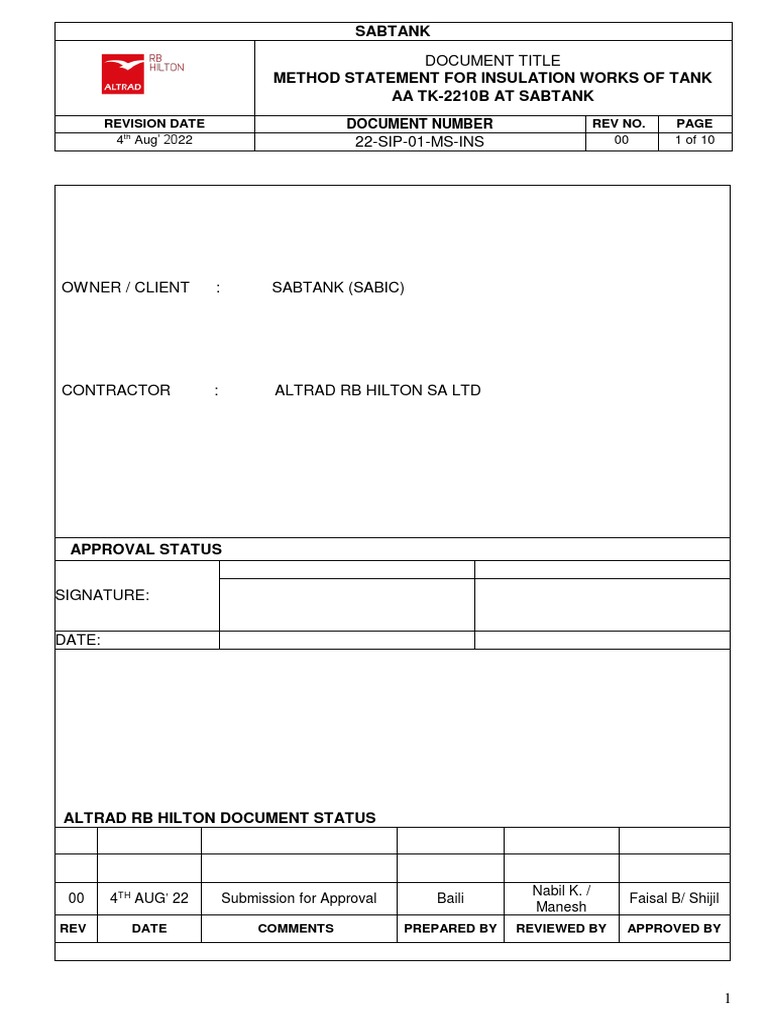 Insulation Method Statement for SABTANK | PDF | Insulator (Electricity ...