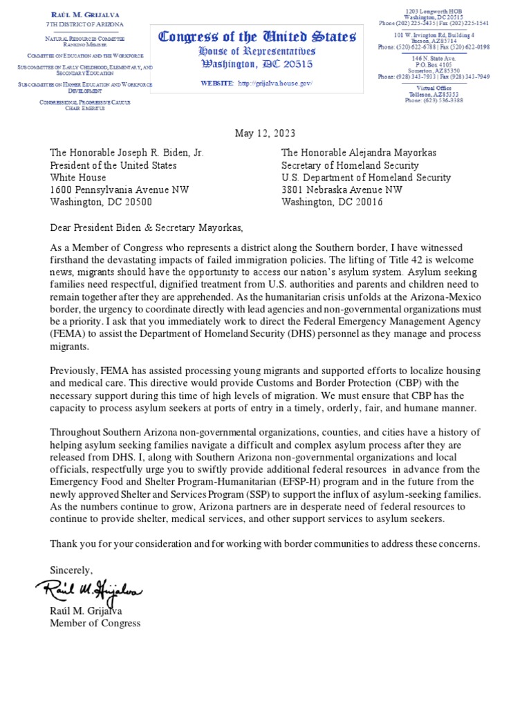 Grijalva Letter to WH&DHS 5.12.2023 | PDF | United States Department Of ...