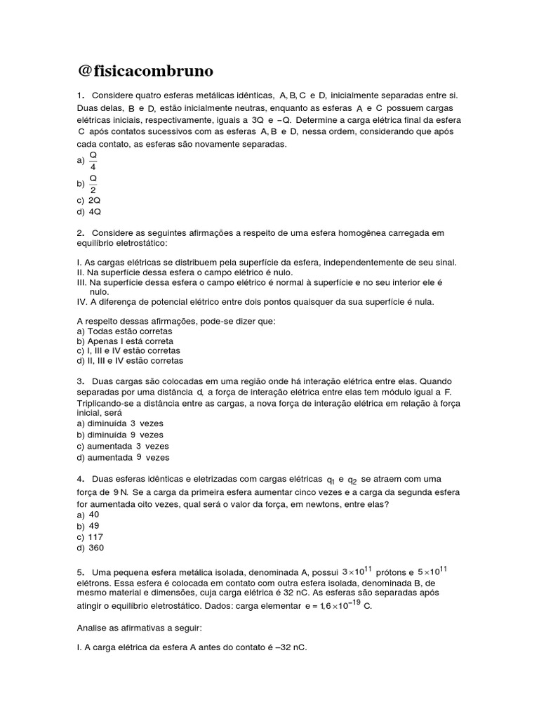 Cálculos e Conceitos de Eletrostática | PDF | Carga elétrica | Eletricidade