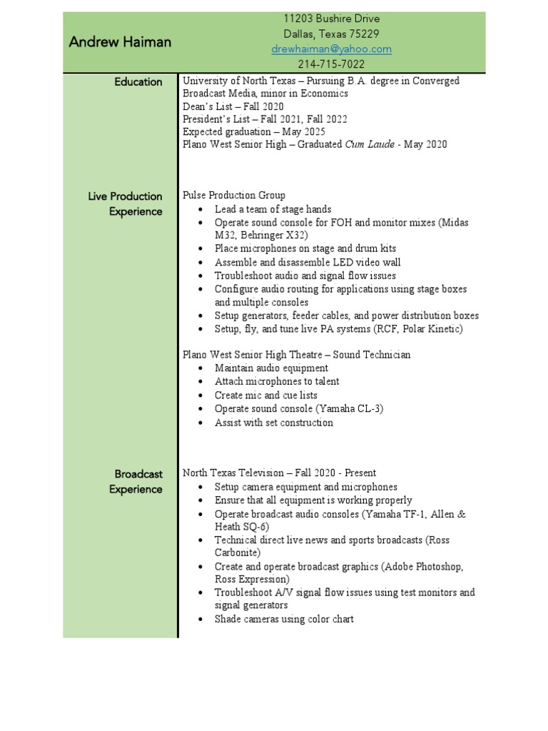 Andrew Haiman Broadcast Engineer Resume | PDF | Sound Production ...