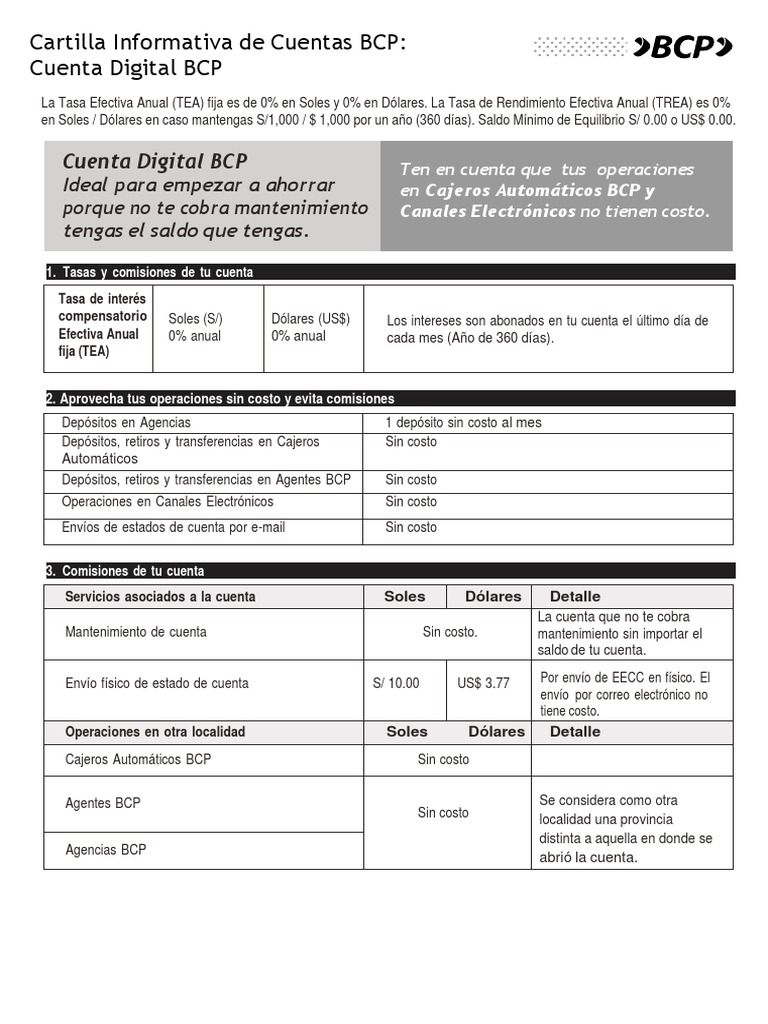 Cartilla Informativa Cuenta Digital BCP PDF | PDF | Tarjeta de débito | Bancos