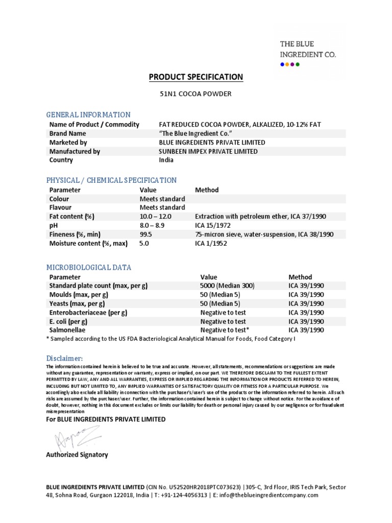 Sunbeen Cocoa Powder Specifications | PDF
