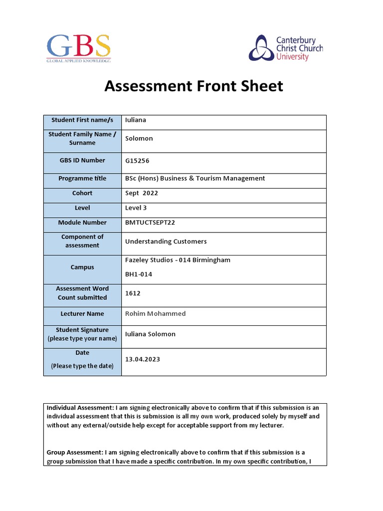 CCCU Assessment Front Sheet Understanding Customer | PDF | Brand ...