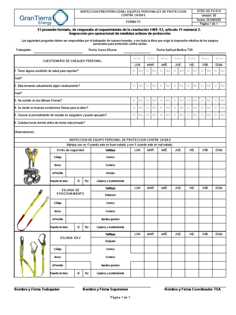 GTEC-HS-FO-014 Inspeccion Preo Equipos Pers de Prot Contra Caidas | PDF