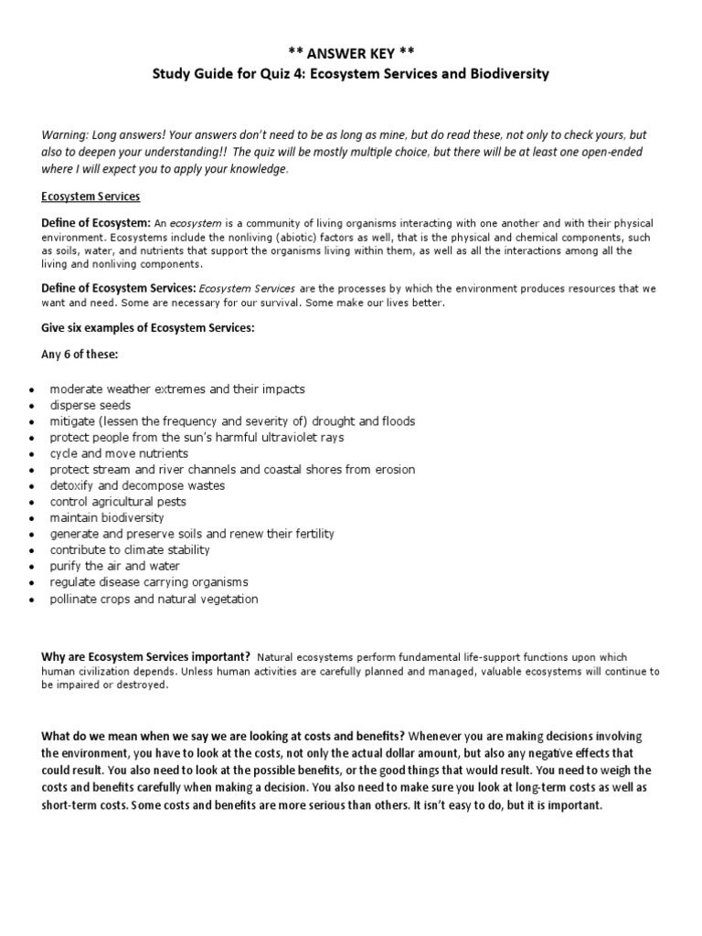 ANSWER KEY Study Guide Ecosystem Services and Biodiversity | PDF ...