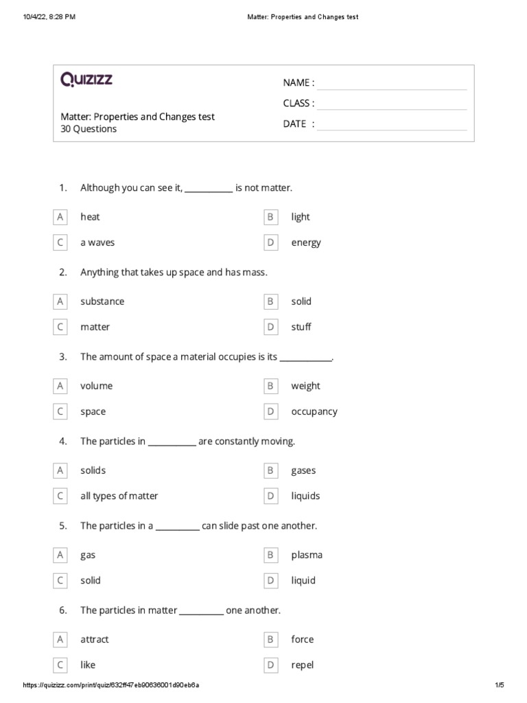 Matter - Properties and Changes Test | PDF | Matter | Gases