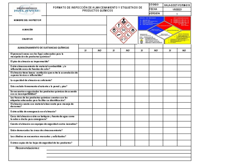 Formato de Inspección de Almacenamiento y Etiquetado de Productos Químicos | PDF