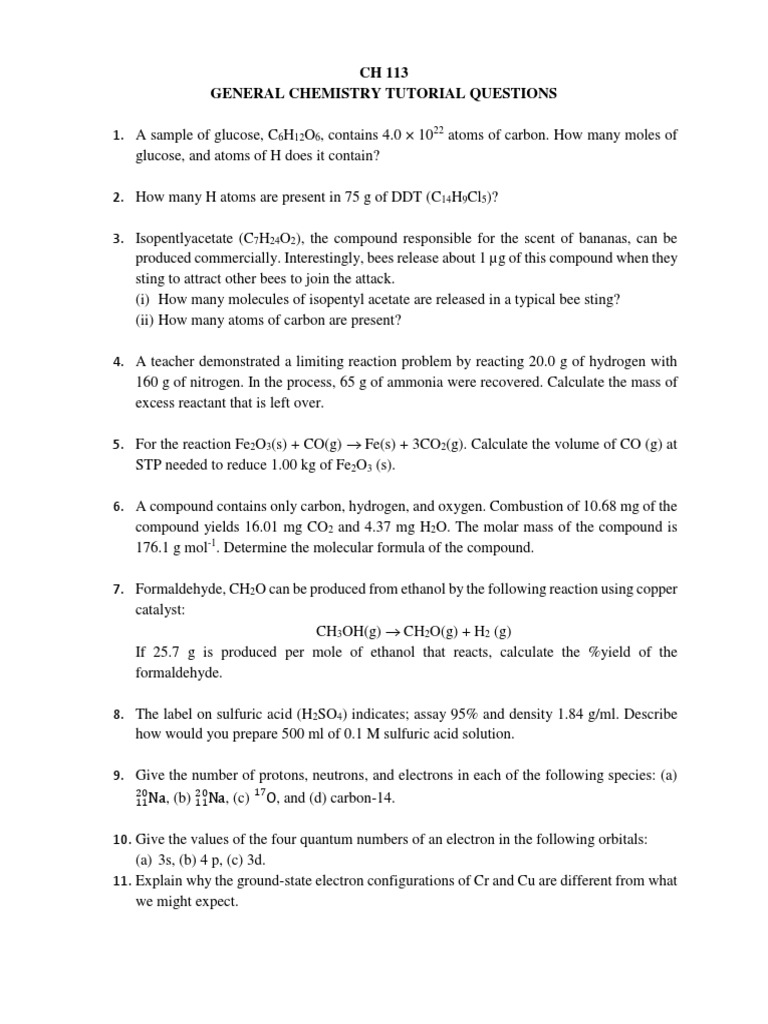 General Chemistry Tutorial Questions Set1 PDF | PDF | Chemical ...