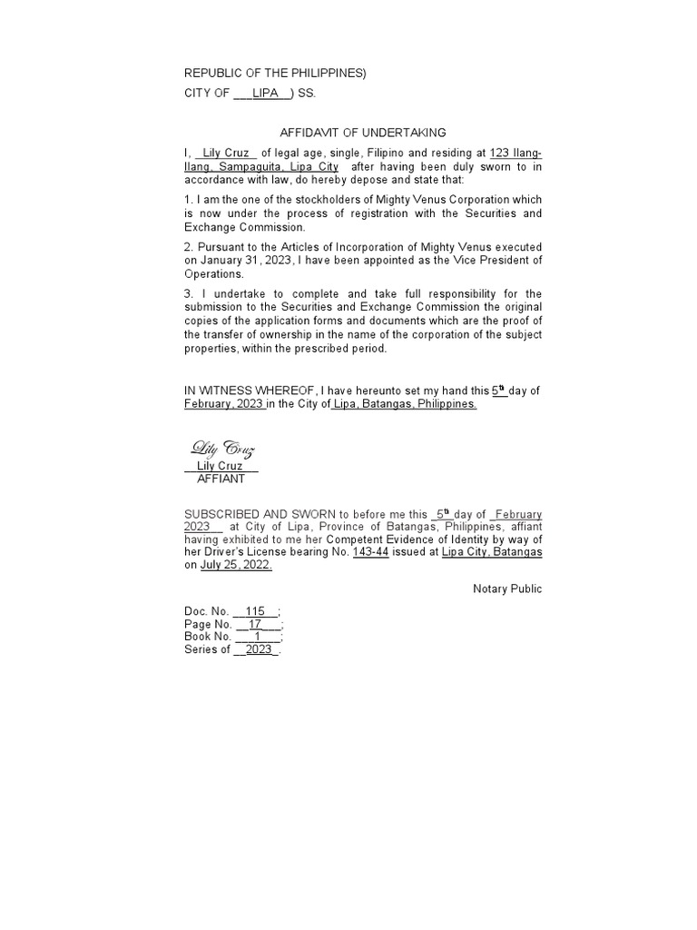 Affidavit of Undertaking | PDF