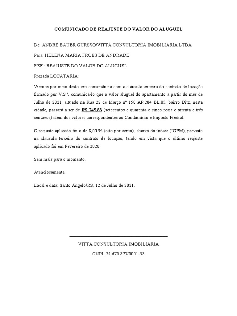 COMUNICADO DE REAJUSTE DO VALOR DO ALUGUEL | PDF