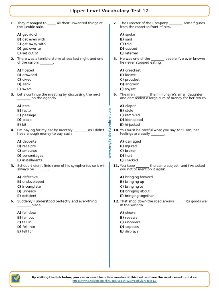 298 - Upper Level Vocabulary Test 12 PDF | PDF